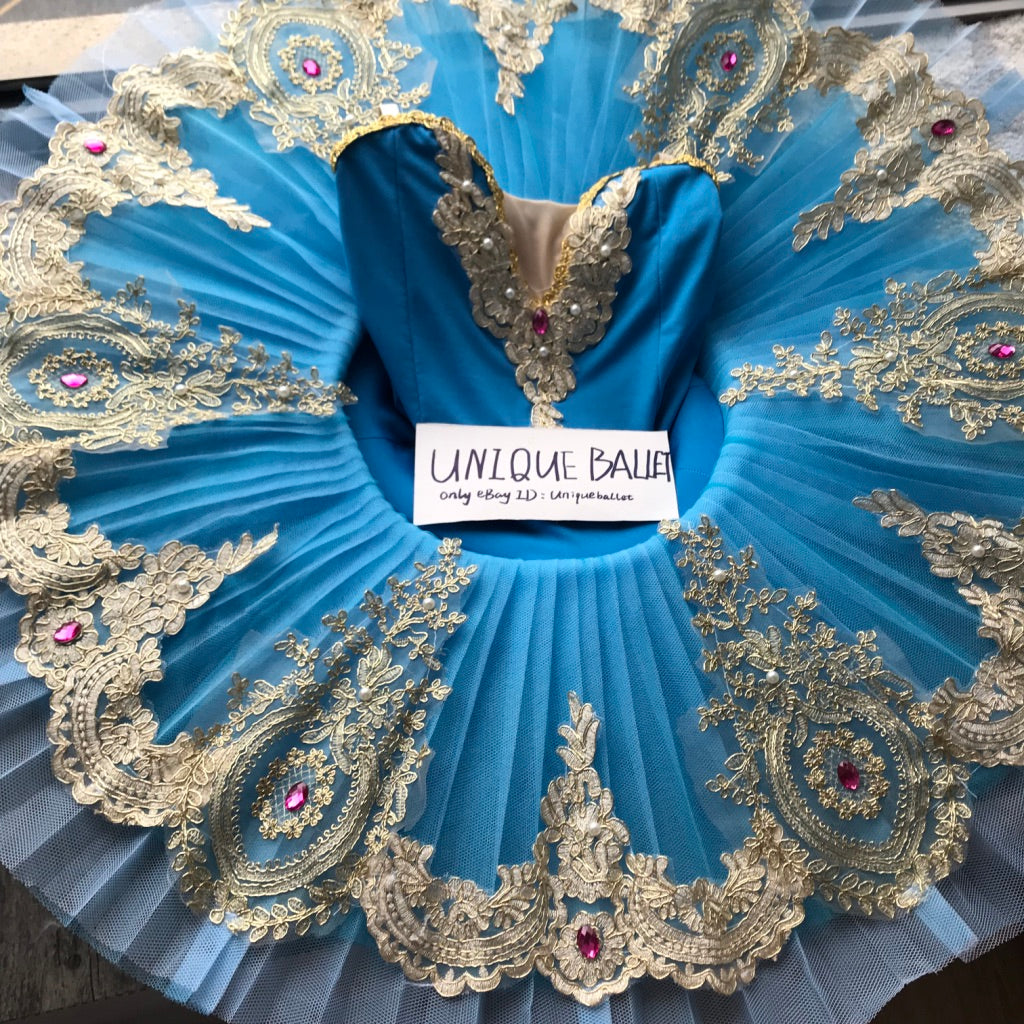 Sky Blue Golden Trims Classic Ballet TuTu Costume (Unprofessional)-5CS ...